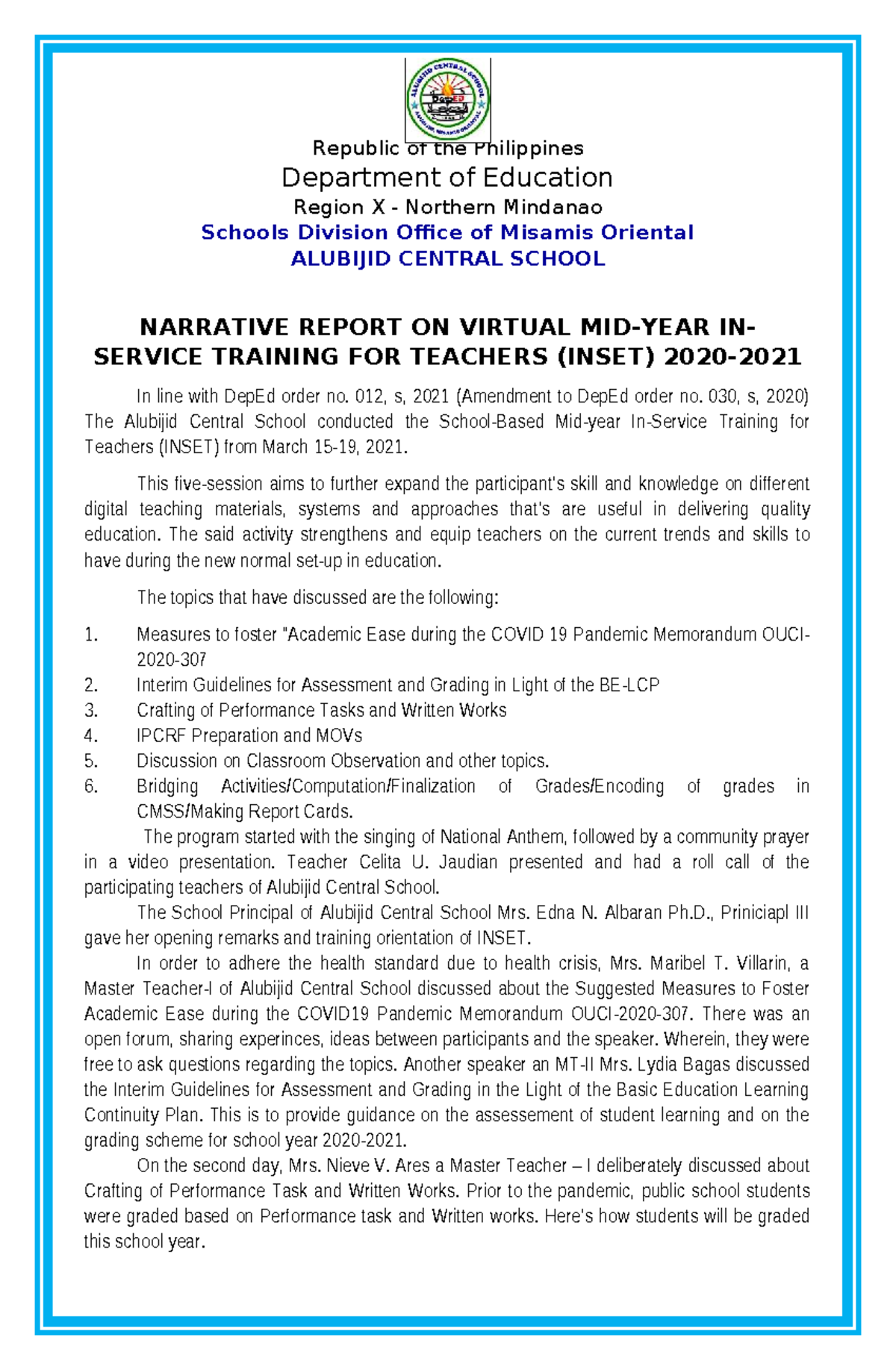 Mid-Year INSET 2021 Report: Enhancing Teacher Skills in PH - Studocu