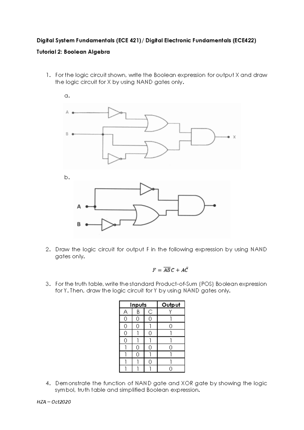 Digital System Fundamentals (ECE422) Tutorial 2: Boolean Algebra ...