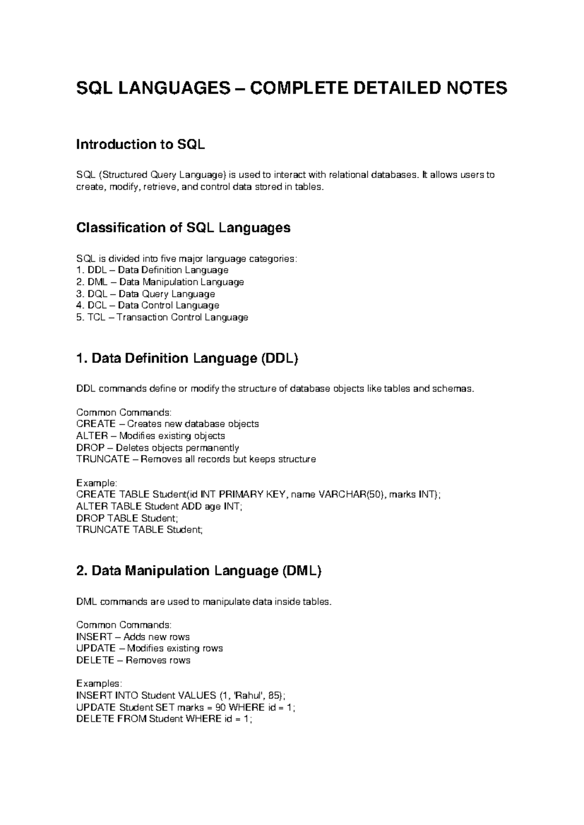 SQL 101: Comprehensive Notes on SQL Languages and Commands - Studocu
