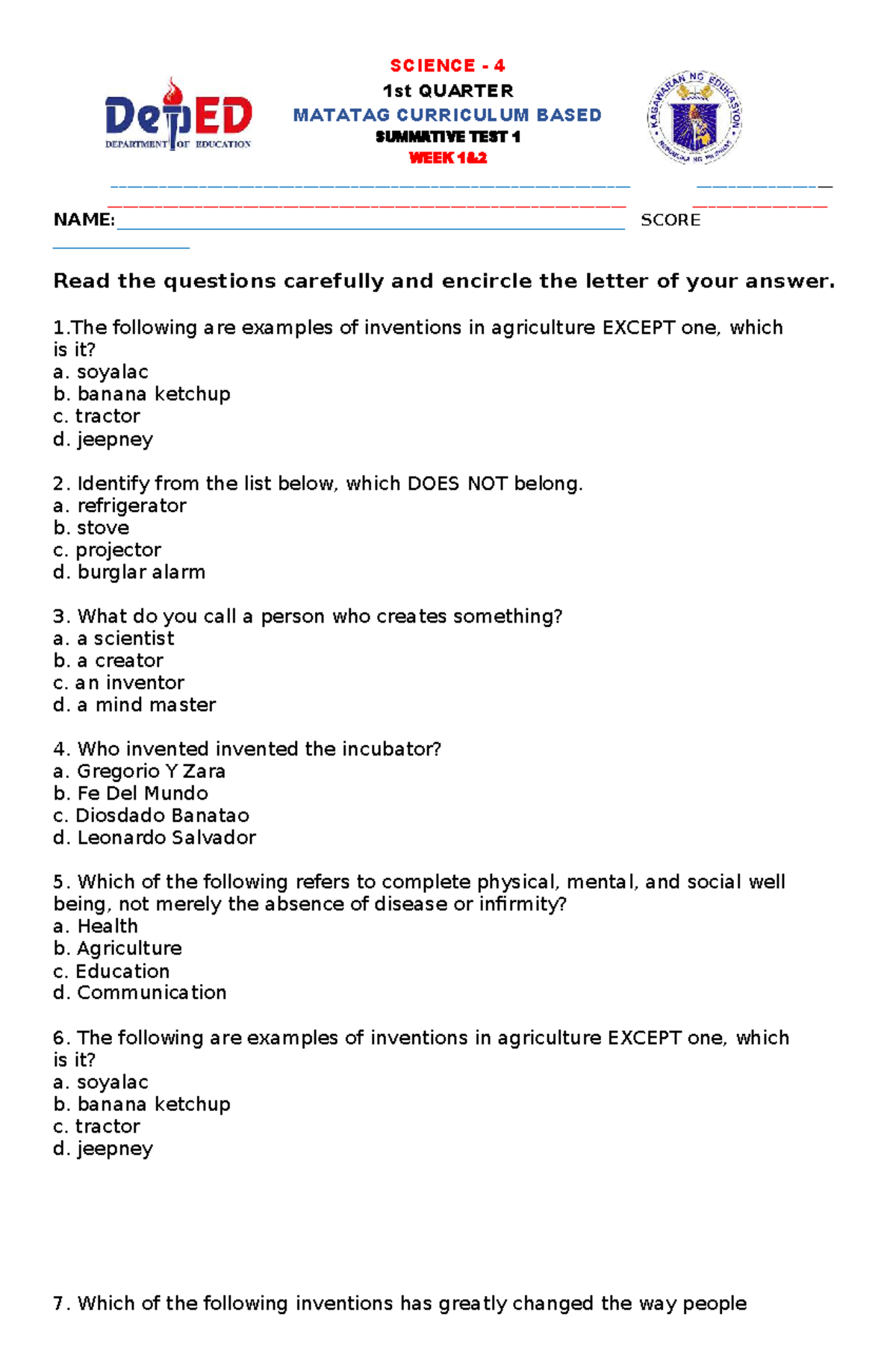 SCIENCE 4 1st QTR MATATAG CURRICULUM SUMMATIVE TEST 1 - Studocu