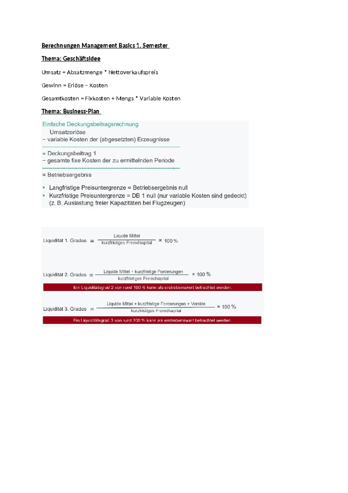 Berechnungen Management Basics 1 - Semester Thema: Geschäftsidee Umsatz ...