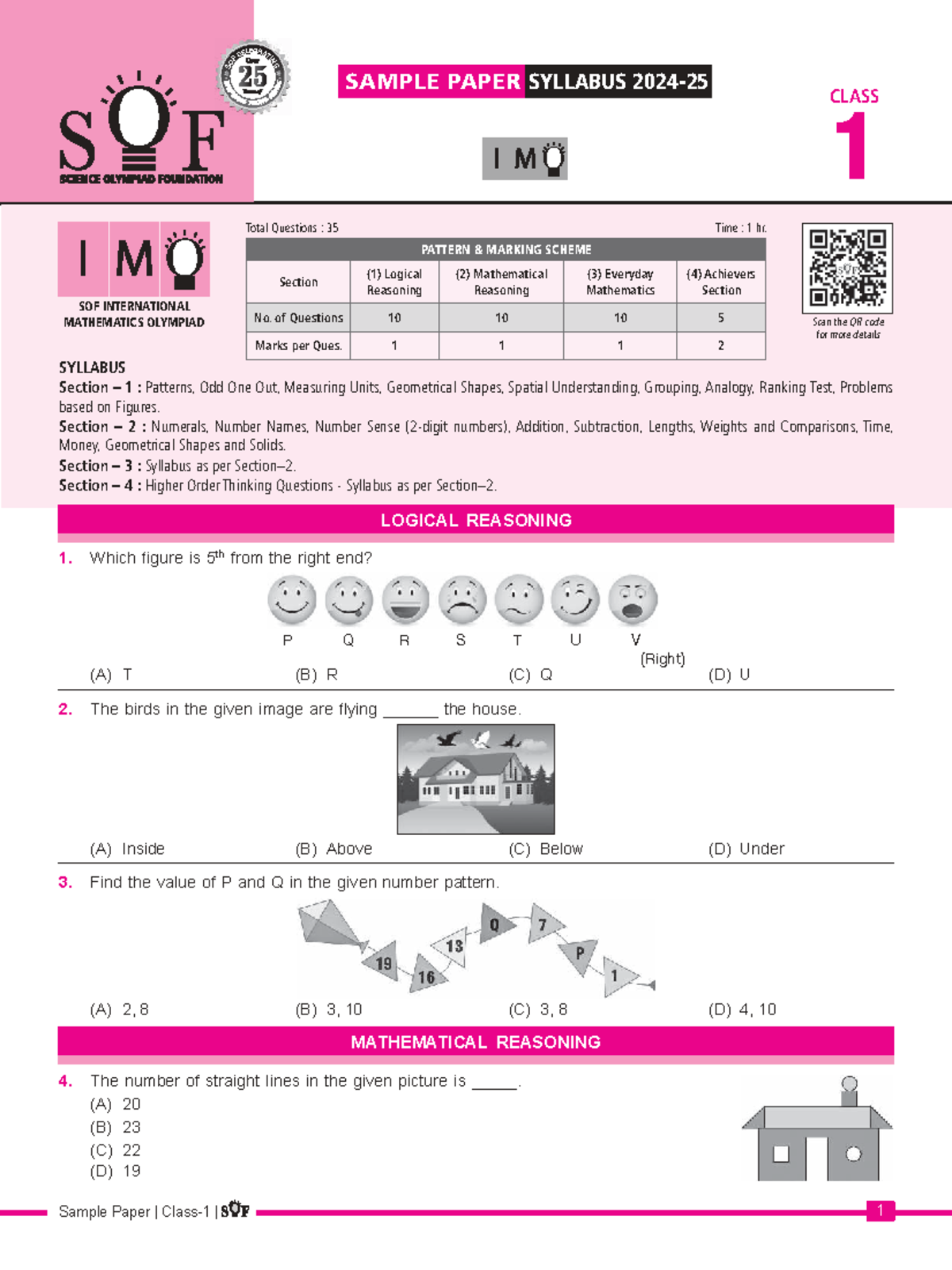 SOF IMO Class 1 Sample Paper: 35 Questions Overview - Studocu