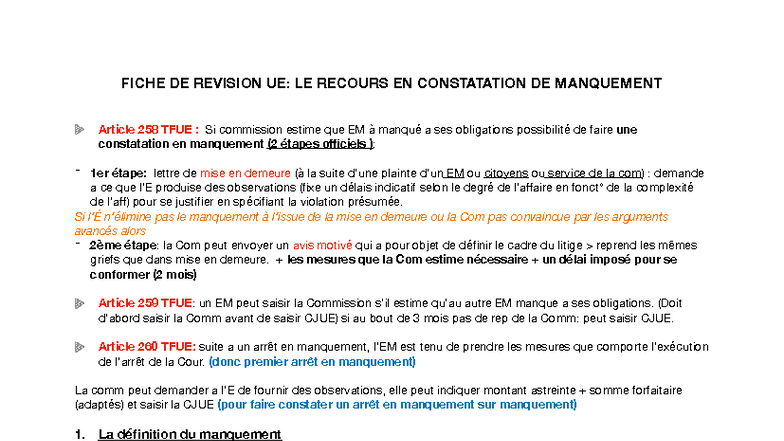 FICHE DE RÉVISION UE: RECOURS EN CONSTATATION DE MANQUEMENT - Studocu