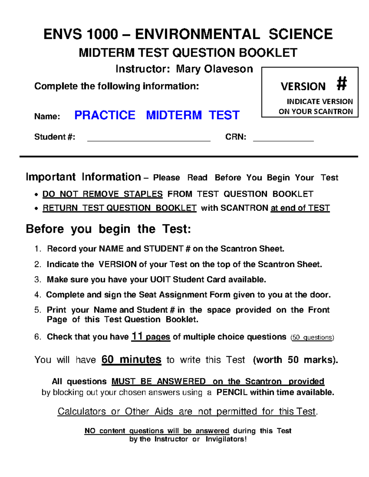 ENVS 2016 Environmental Science Midterm Test Question Booklet - Studocu