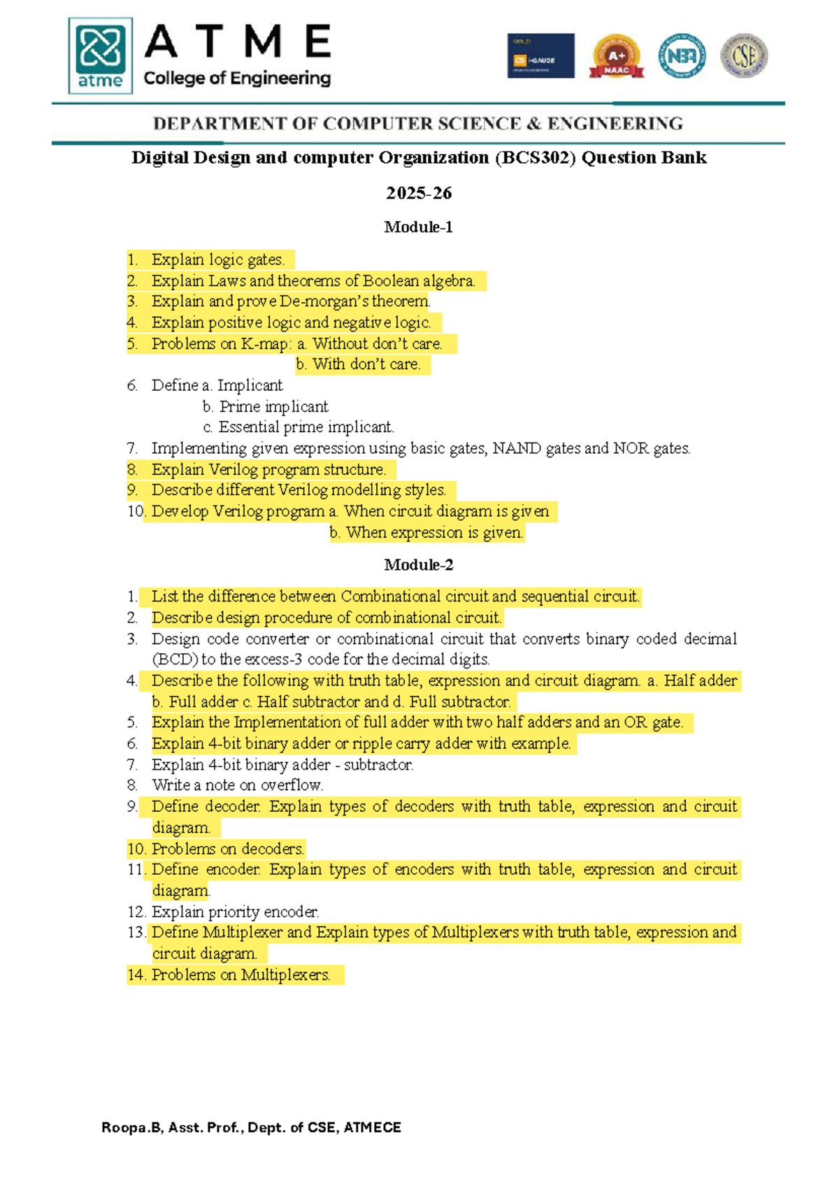 Digital Design and Computer Organization (BCS302) Question Bank - Studocu