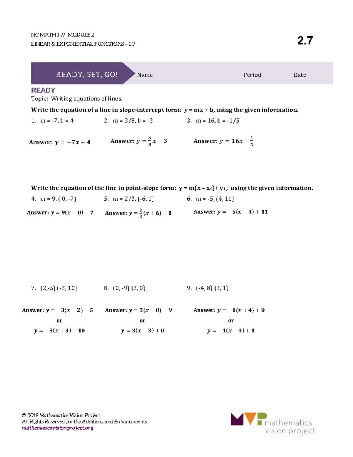 NC MATH I: Module 2 Lesson 7 Ready Set Go Answer Key & Solutions - Studocu