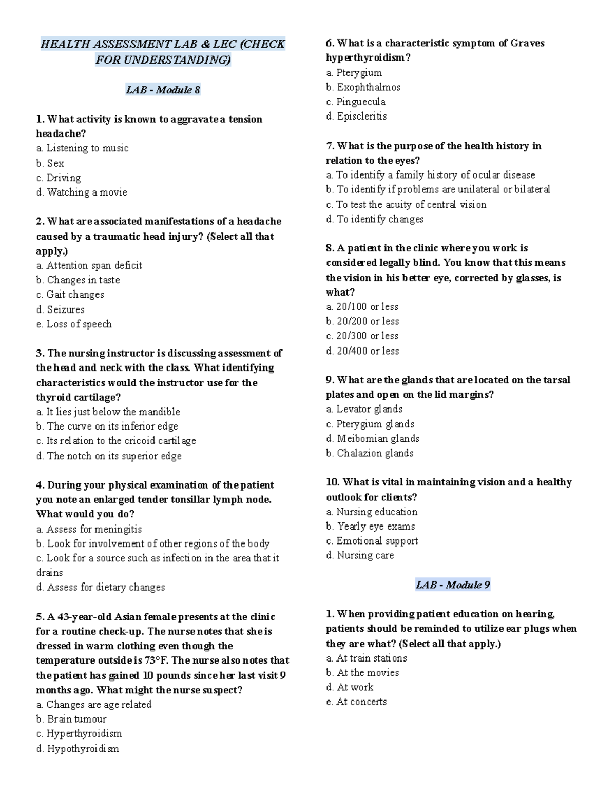 HEALTH ASSESSMENT LAB LEC: CHECK FOR UNDERSTANDING MODULES 8-16 - Studocu