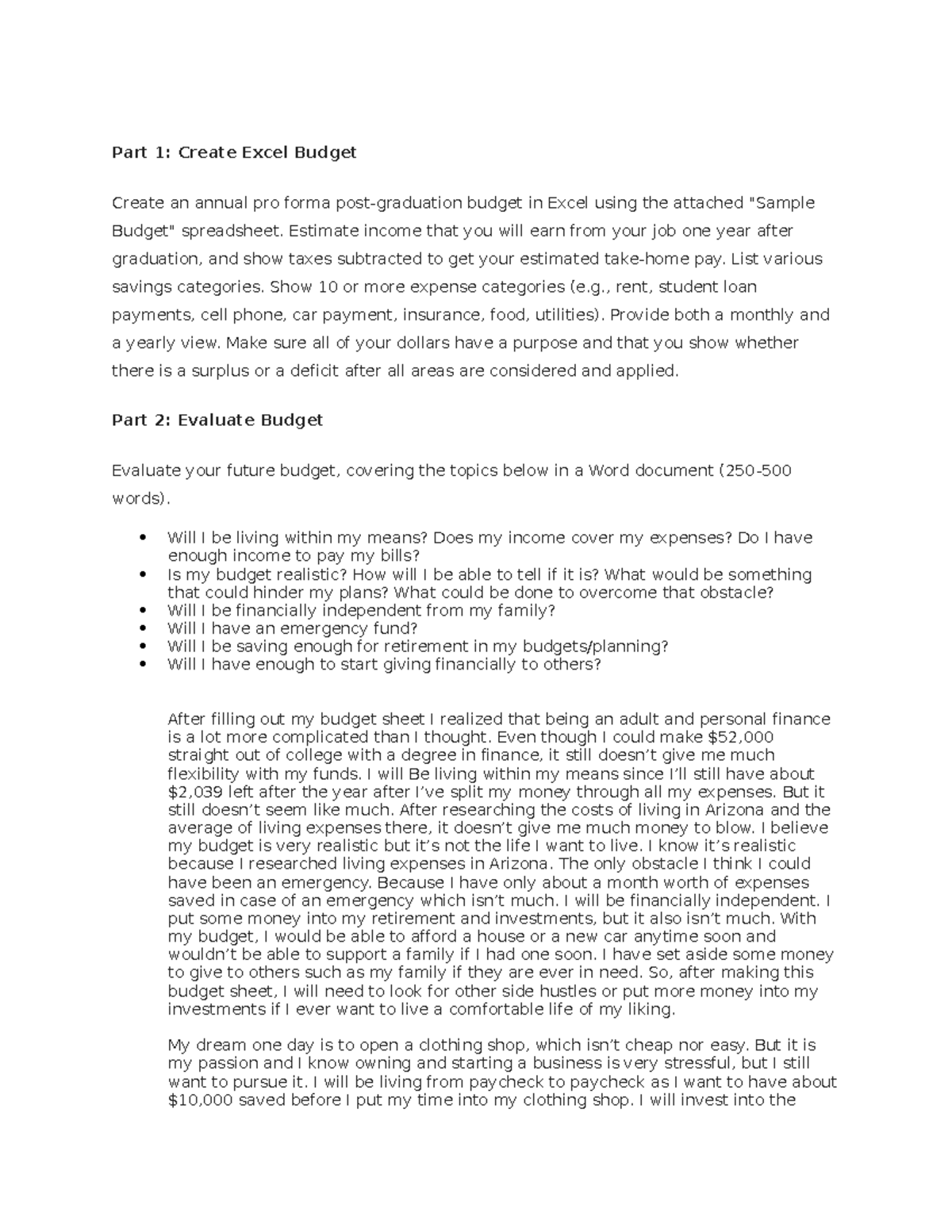 Part 1 - N/A - Part 1: Create Excel Budget Create an annual pro forma ...