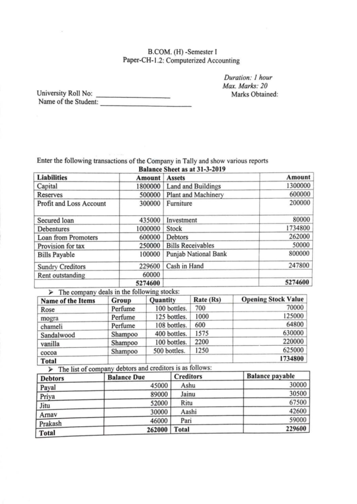 B.COM. (H) I Computerized Accounting Quiz - Tally Transactions ...