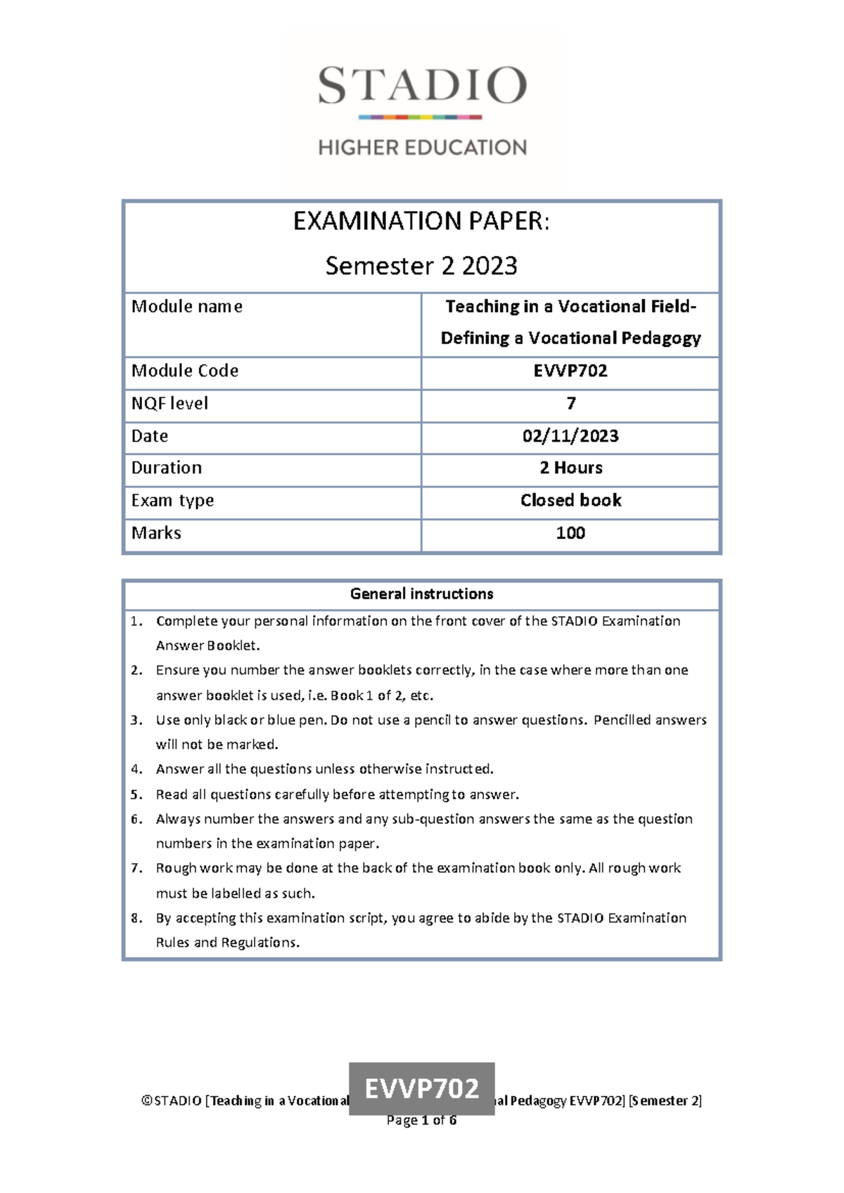 EVVP702 Semester 2 Examination Paper: Teaching in Vocational Pedagogy ...
