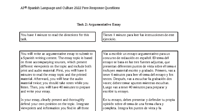 AP Spanish Language and Culture 2022: Argumentative Essay Task 2 - Studocu
