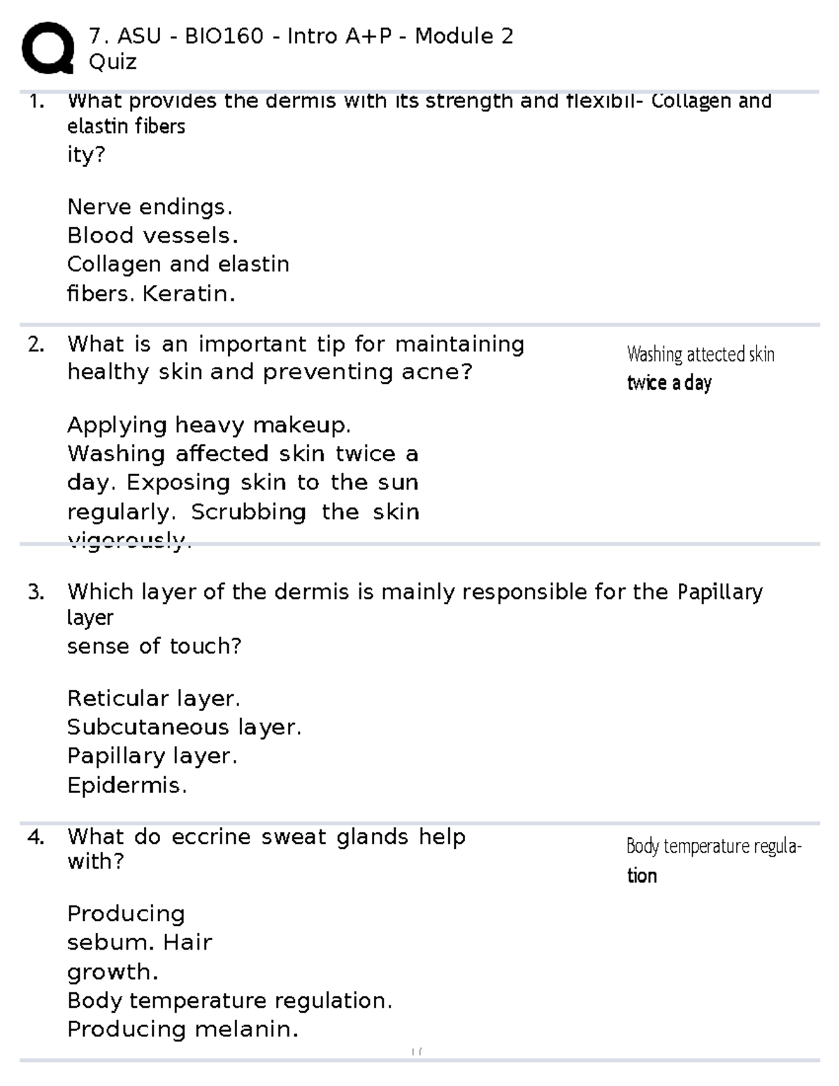 ASU BIO160 Intro A&P Module 2 Quiz: Skin and Hair Anatomy - Studocu
