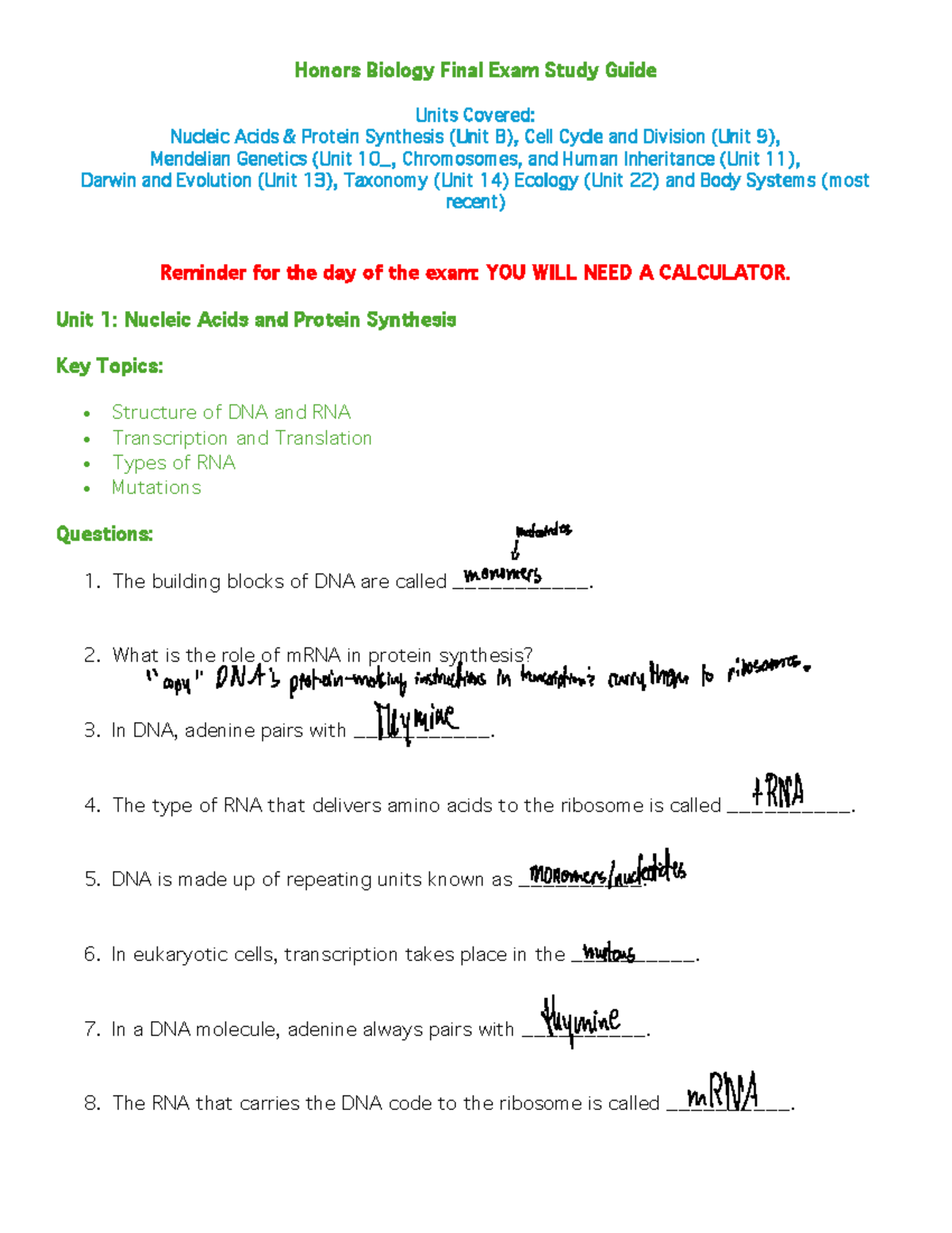 Honors Biology Final Exam Study Guide: Units 8-14 & 22 Overview - Studocu