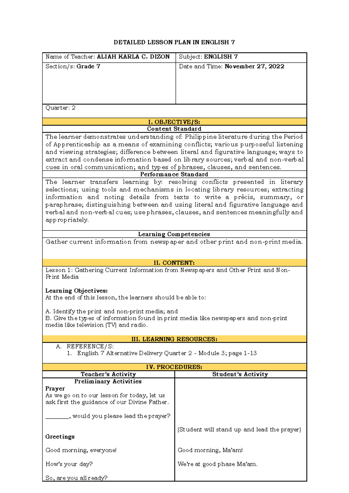Detailed Lesson Plan on English 7 - DETAILED LESSON PLAN IN ENGLISH 7 ...