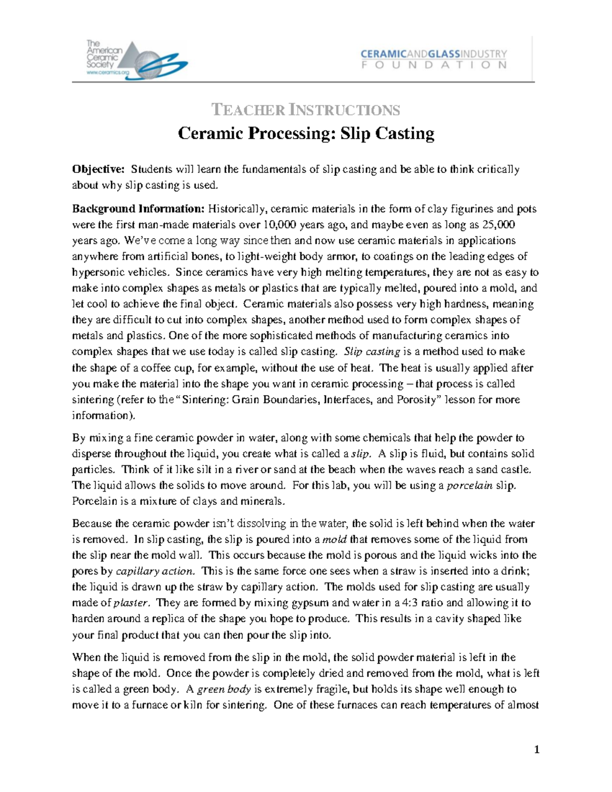 Slip Casting Lesson 111 - TEACHER INSTRUCTIONS Ceramic Processing: Slip ...