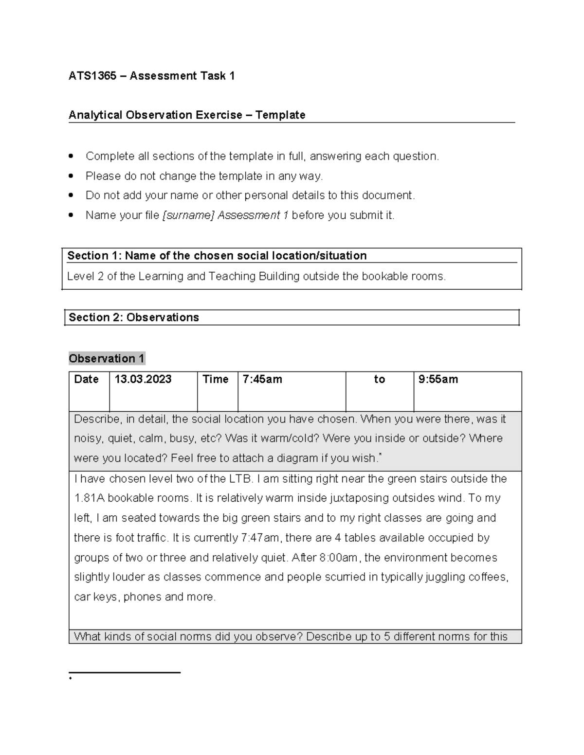 ATS1365 Assessment 1: Analytical Observation Exercise Template - Studocu