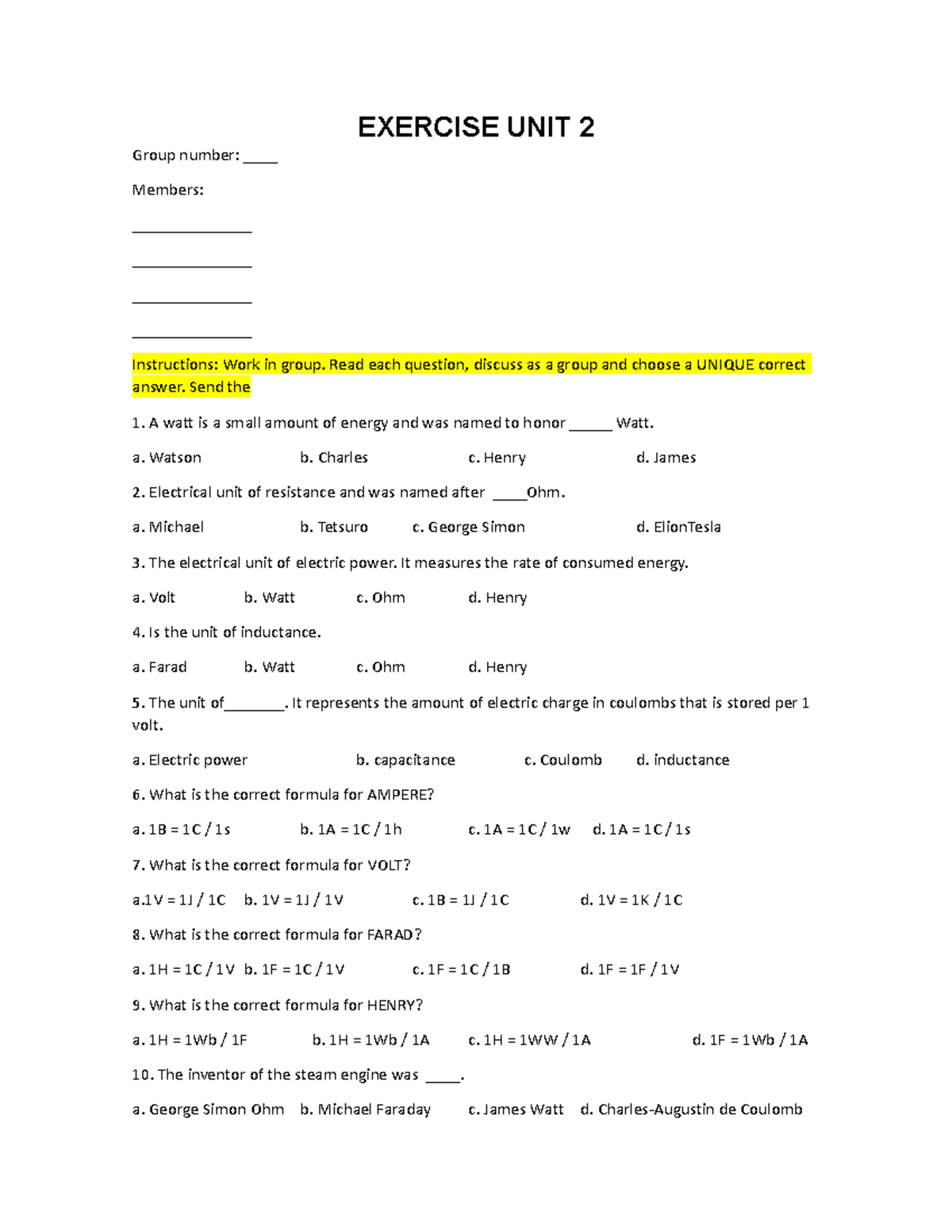 Exercise UNIT 2- Group WORK - EXERCISE UNIT 2 Group number: ____ Members: ______________ - Studocu