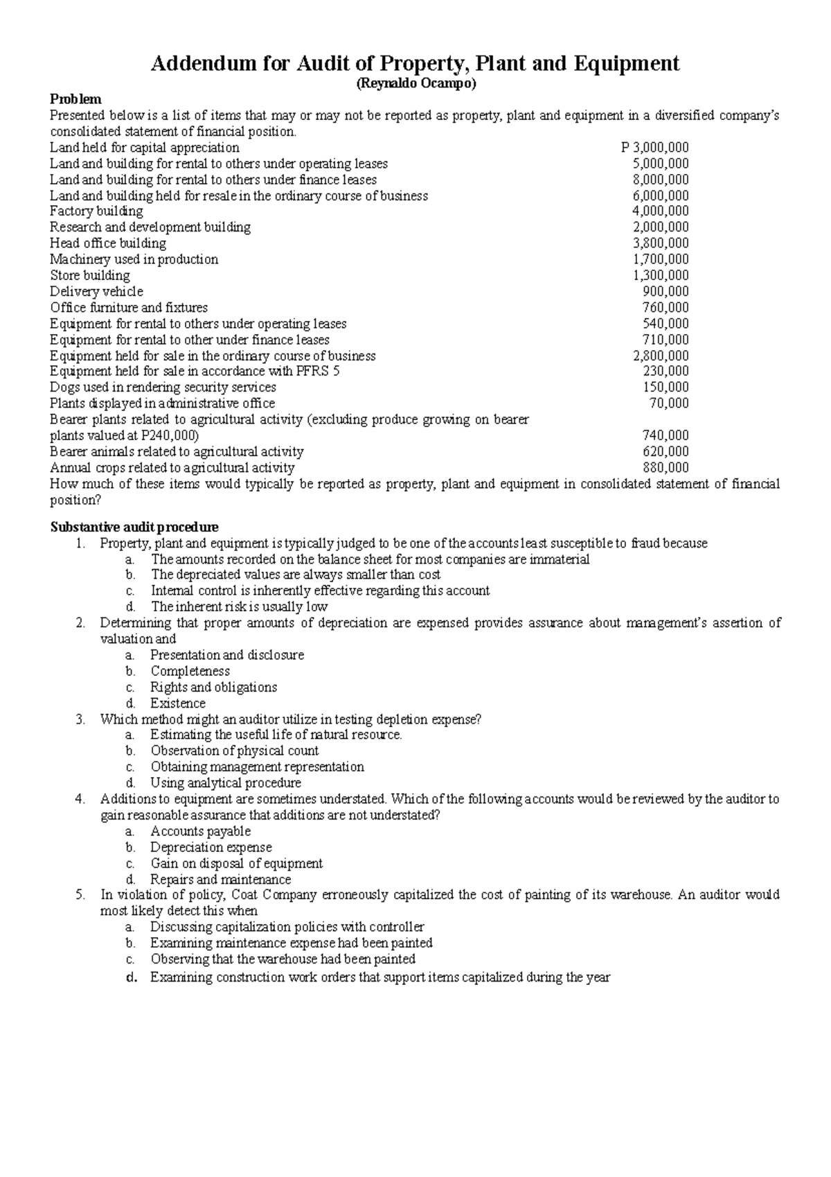 Audit Addendum: Property, Plant, and Equipment Analysis - Studocu