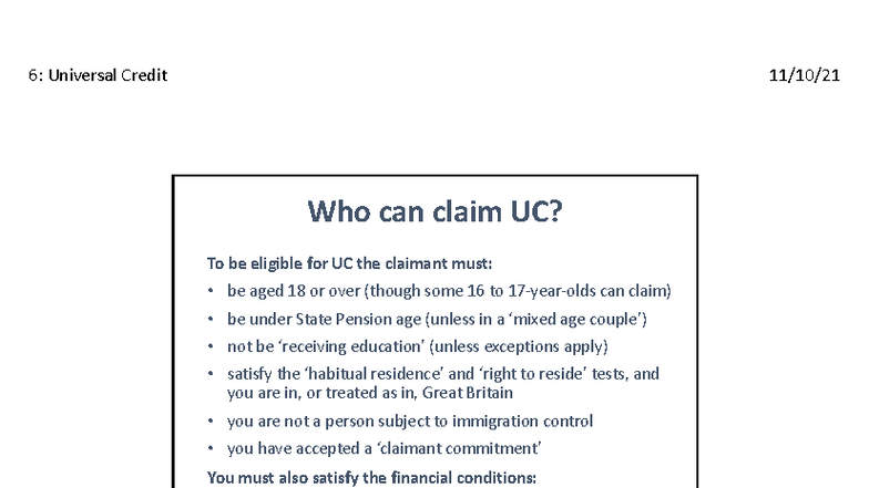 Lecture 6: Universal Credit Eligibility Criteria and Conditions - Studocu