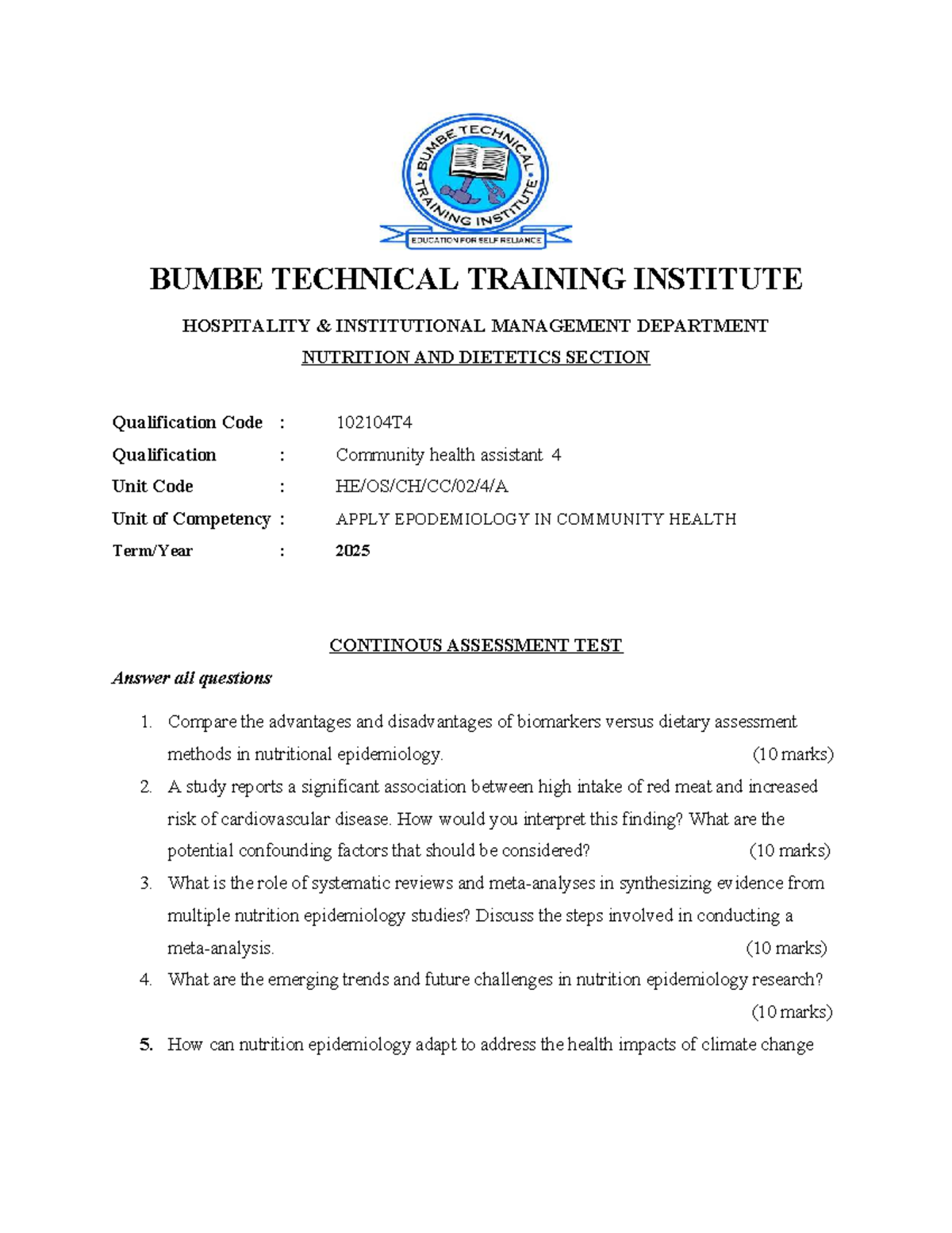 Community Health Assistant 4 & 5: Nutrition Epidemiology Assessment ...