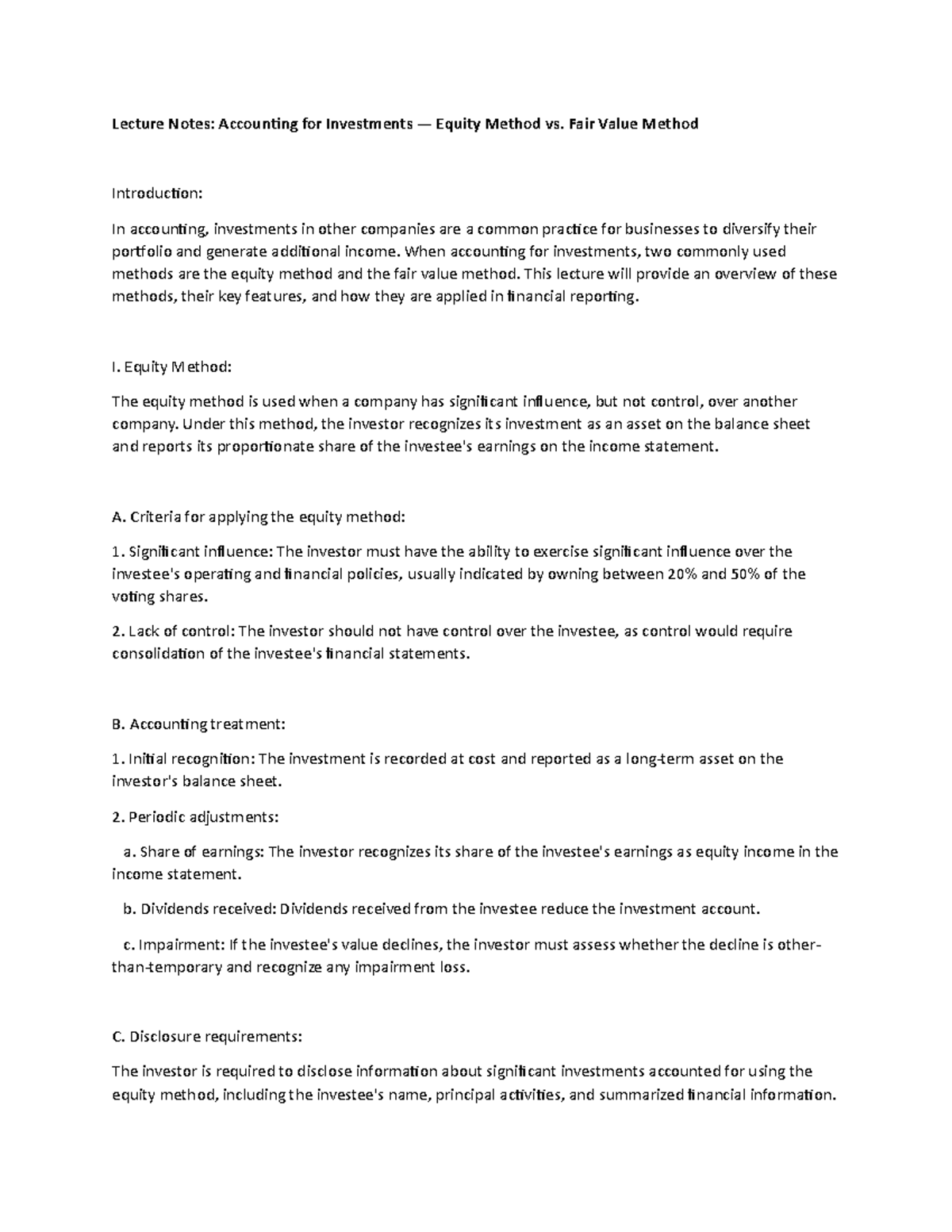 Lecture Notes: Accounting for Investments - Equity vs Fair Value ...