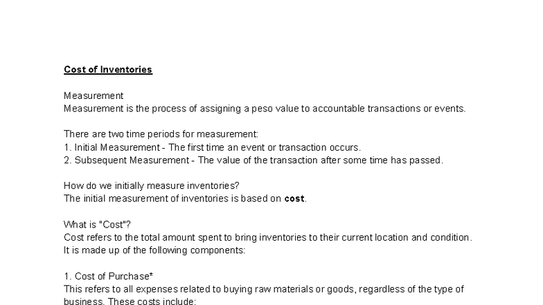 Cost of Inventories Measurement: Initial & Subsequent Costs - Studocu