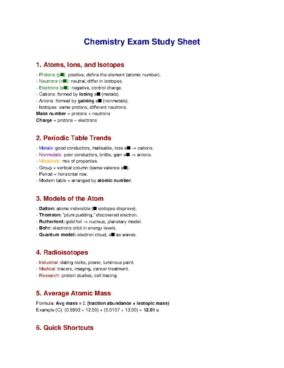 Chemistry Exam Study Sheet 1: Atoms, Ions, and Isotopes (Course CODE ...