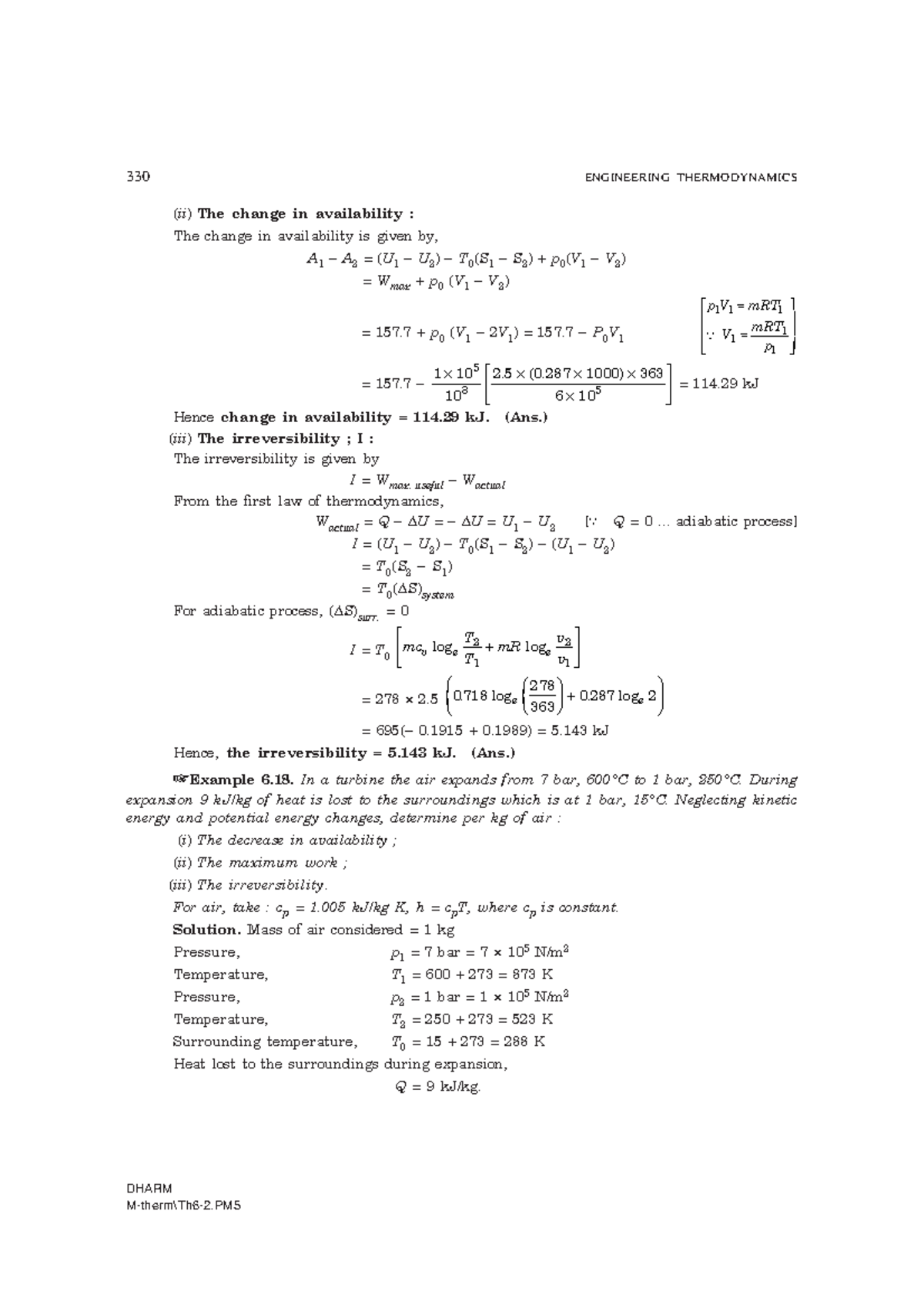330 ENGINEERING THERMODYNAMICS: Change in Availability ...