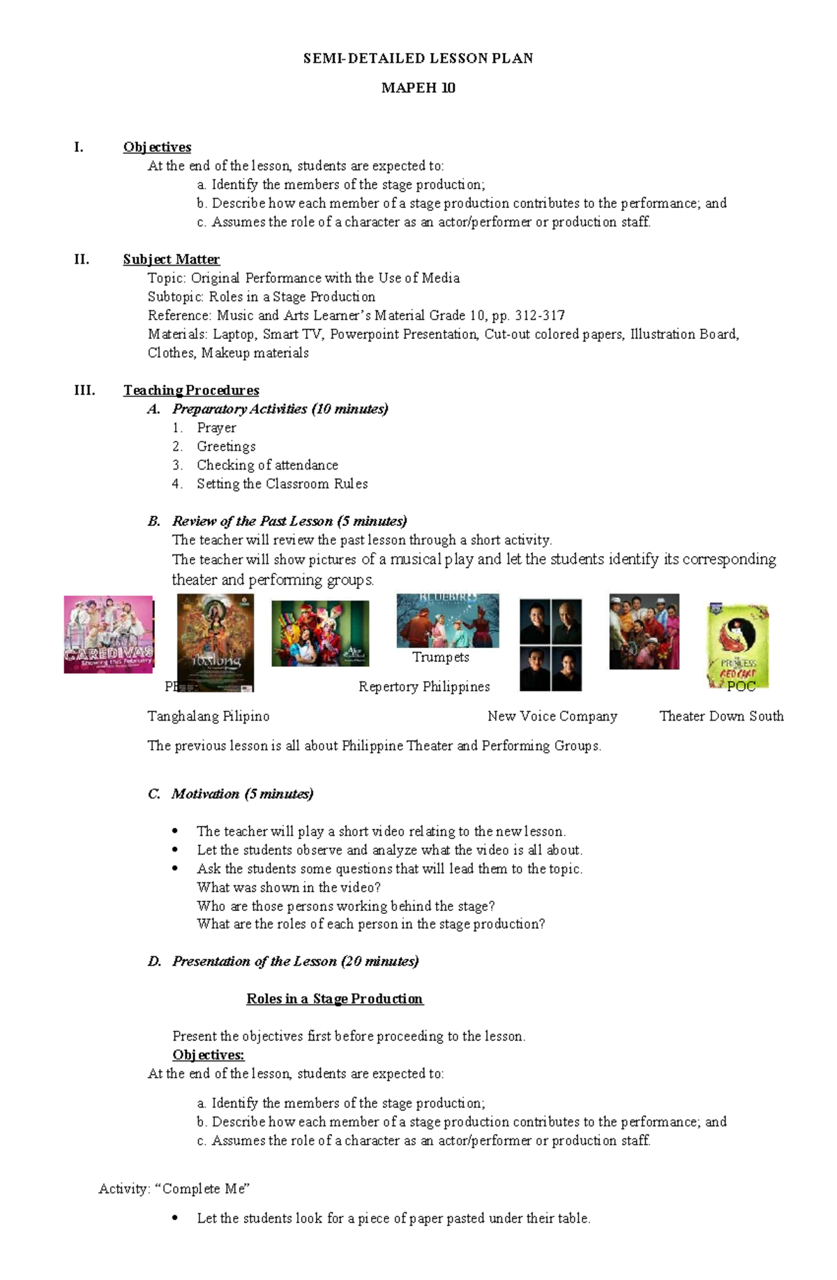 SEMI DLP MAPEH 10: Lesson Plan on Stage Production Roles - Studocu