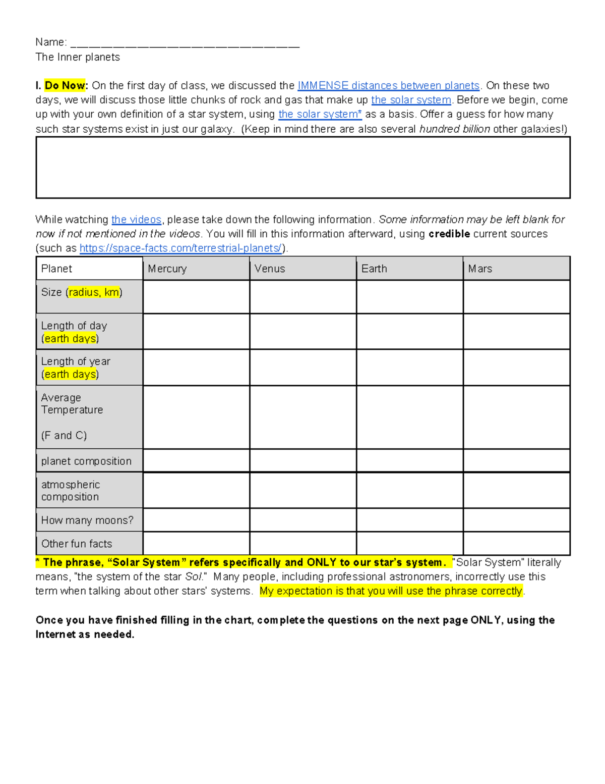 Inner Planets F22 - Astronomy Classwork Worksheet on Characteristics - Studocu