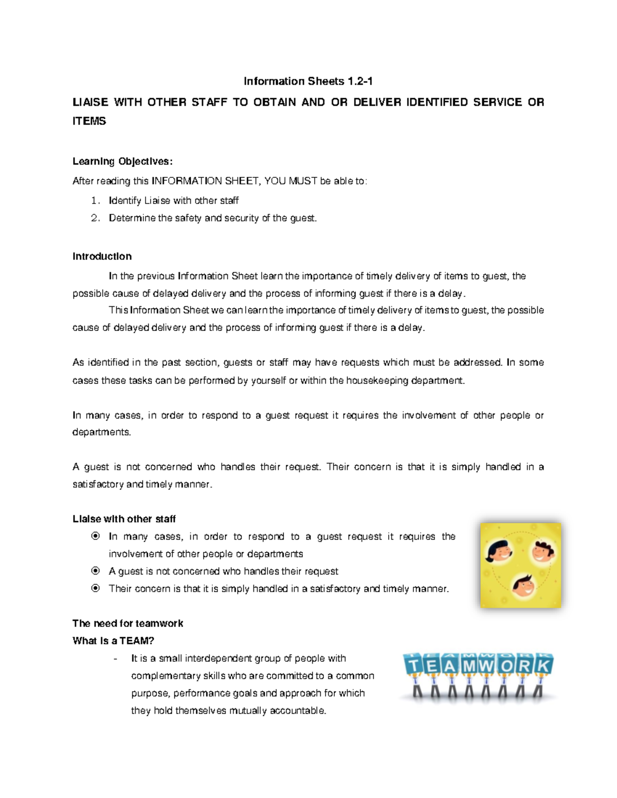 LO 2 - Provide Housekeeping Requests - Information Sheets 1- LIAISE ...