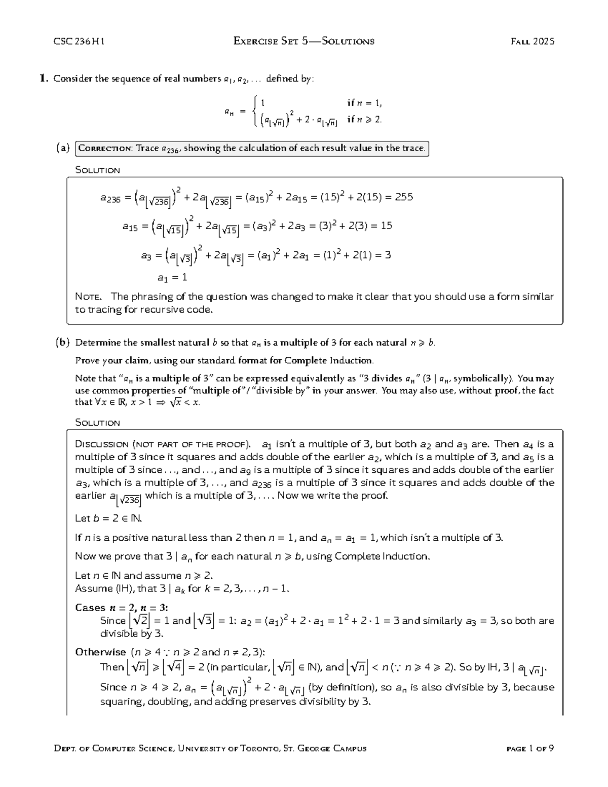 Exercise Set Solutions for CSC 236 H1 Fall 2025 - Studocu