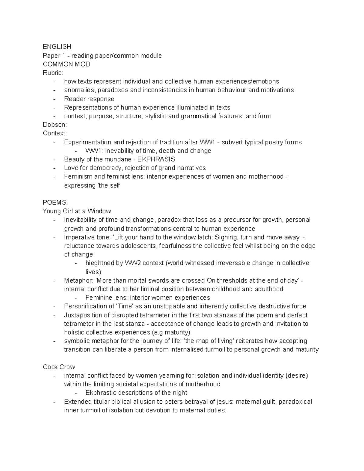 Common Module Notes: Human Experience in Literature - ENGLISH - Studocu