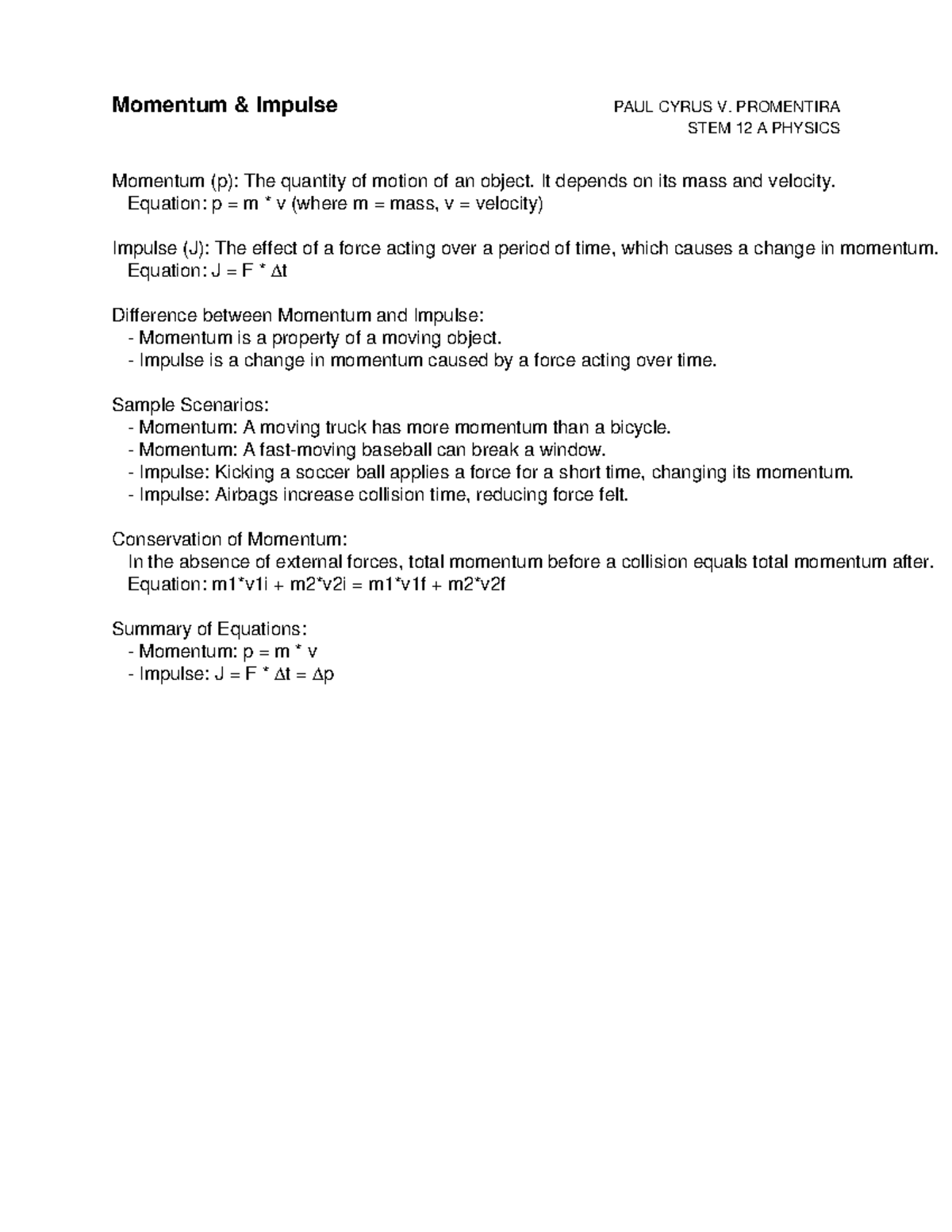 Momentum and Impulse - Activity STEM 12 A Physics - Studocu