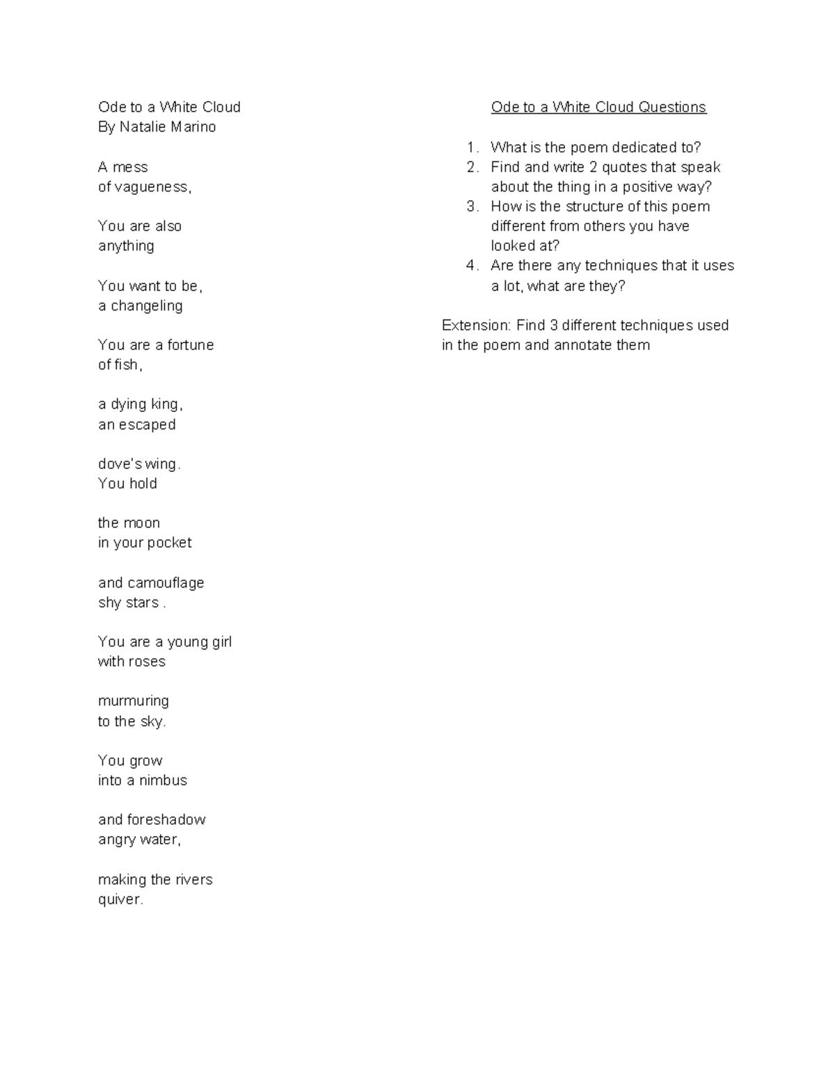 Ode Poetry Study Activity - Ode to a White Cloud Analysis - Studocu