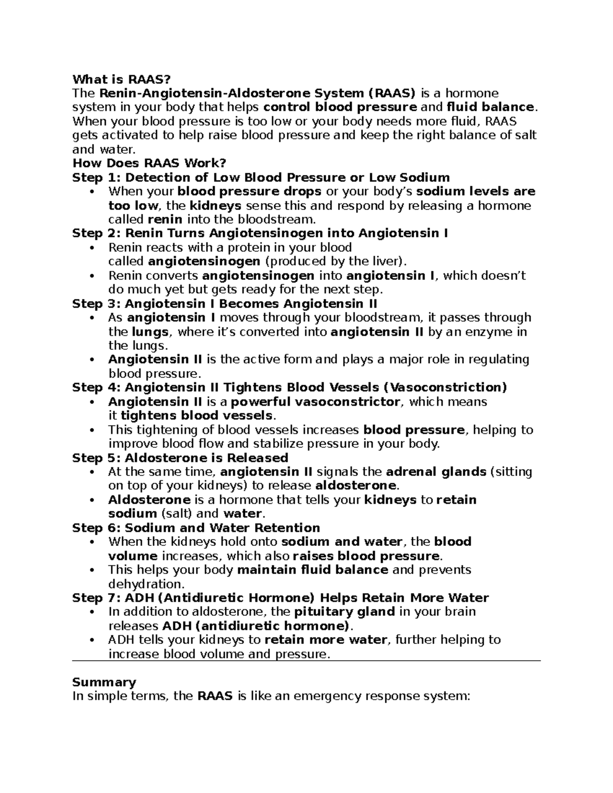 LSFH Notes: Understanding RAAS and Cardiovascular Function - Studocu