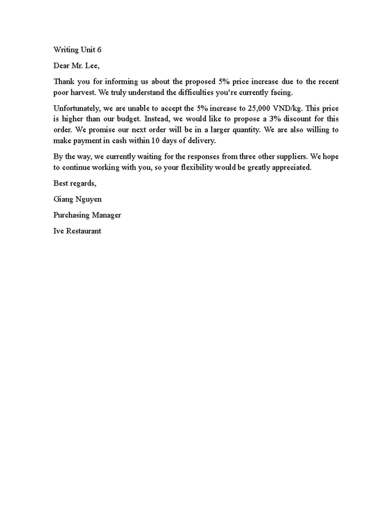 Writing Unit 6: Price Negotiation Letter to Mr. Lee - Studocu