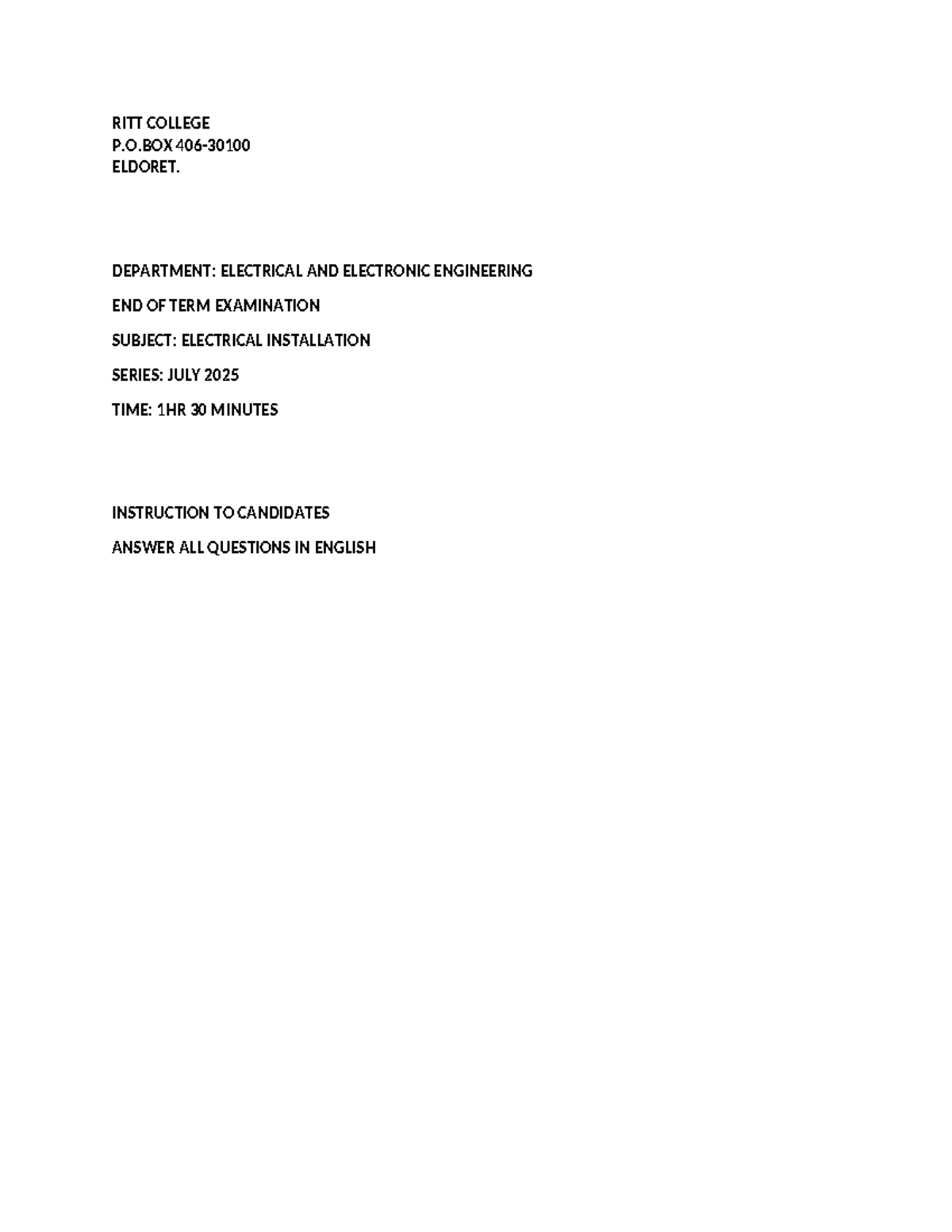 Electrical Installation System End of Term Exam - July 2025 - Studocu