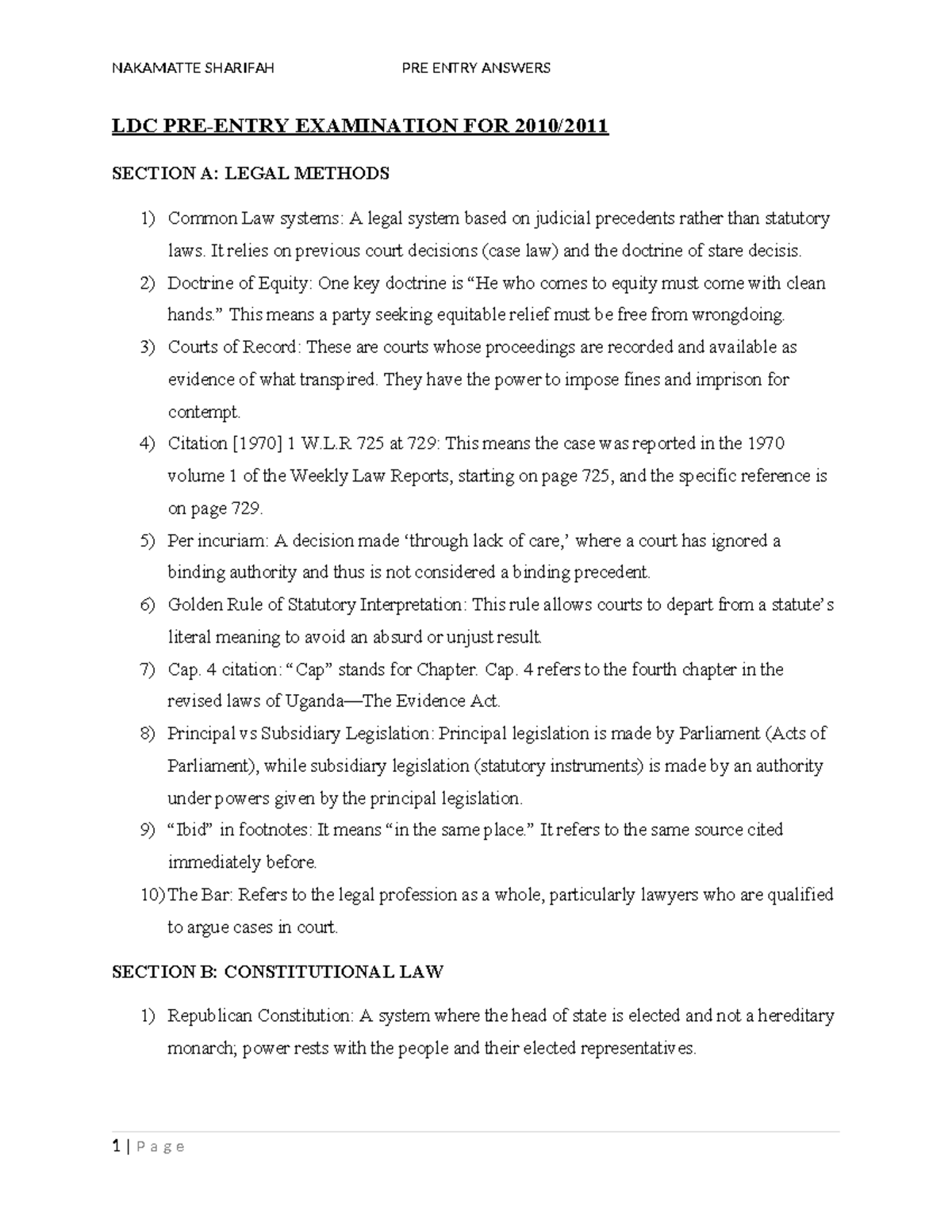 NAKAMATTE SHARIFAH PRE ENTRY ANSWERS LDC EXAMINATION: LEGAL METHODS ...
