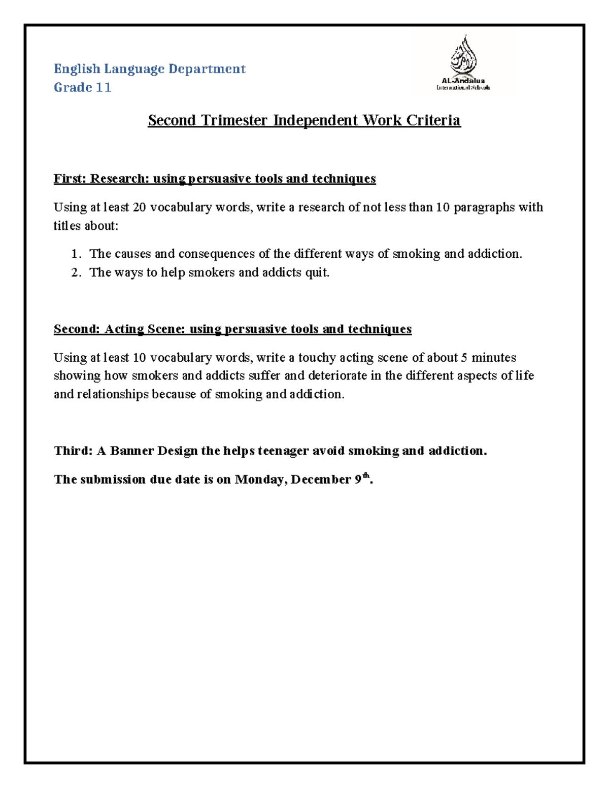 Grade 11 English Trimester 2 Independent Project on Smoking & Addiction ...