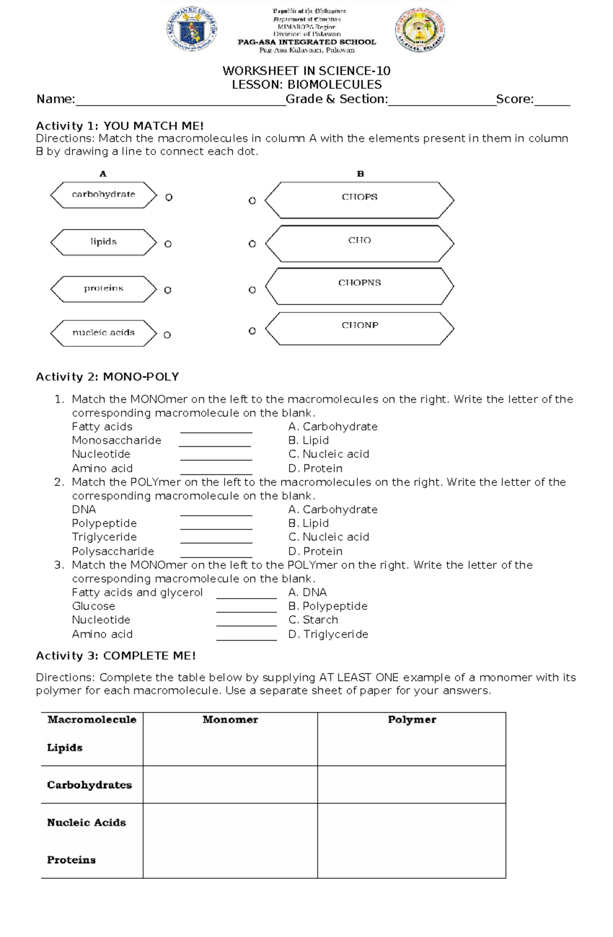 Worksheet in Science-10 Q4: Lesson on Biomolecules Activities - Studocu