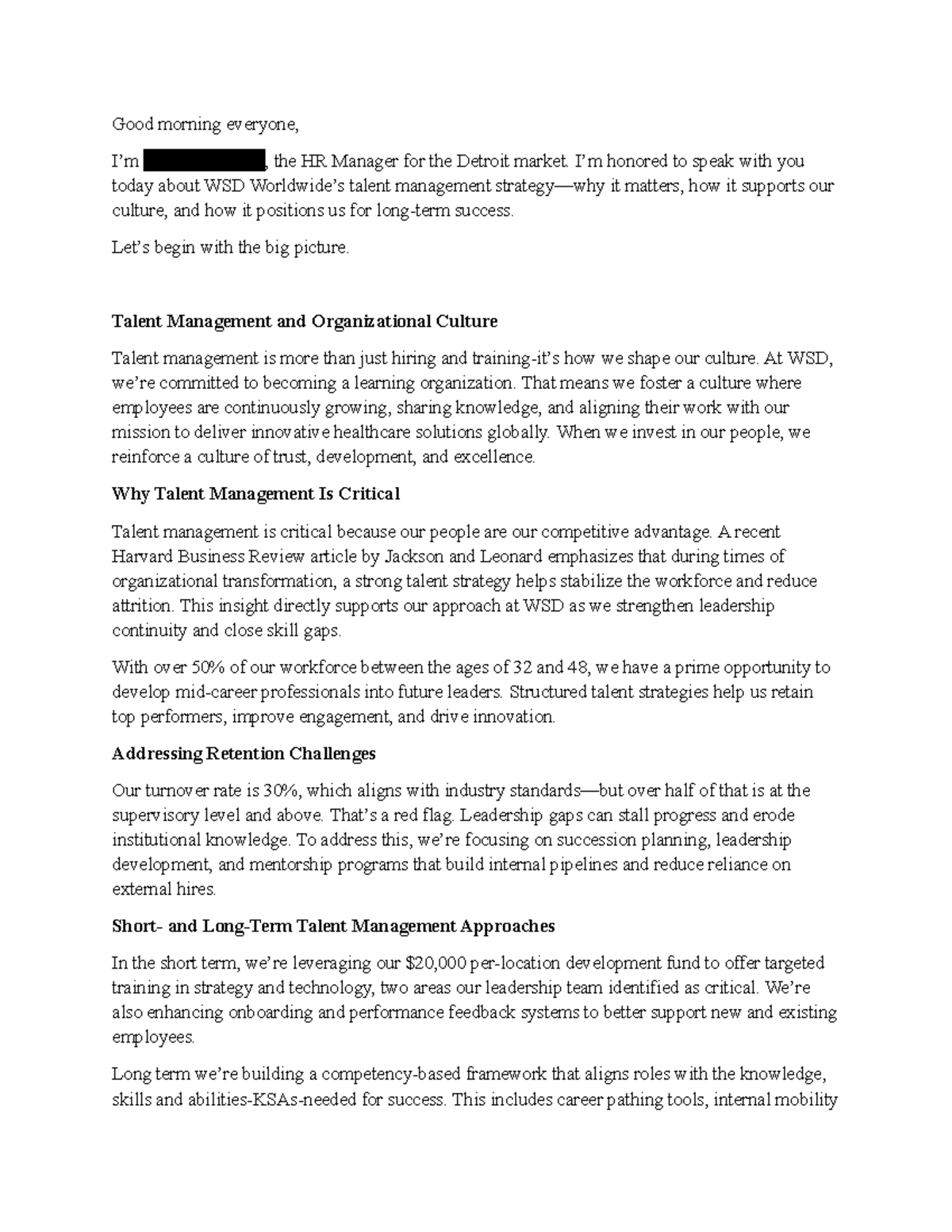 WSD Talent Management Strategies: Enhancing Culture & Success - Studocu