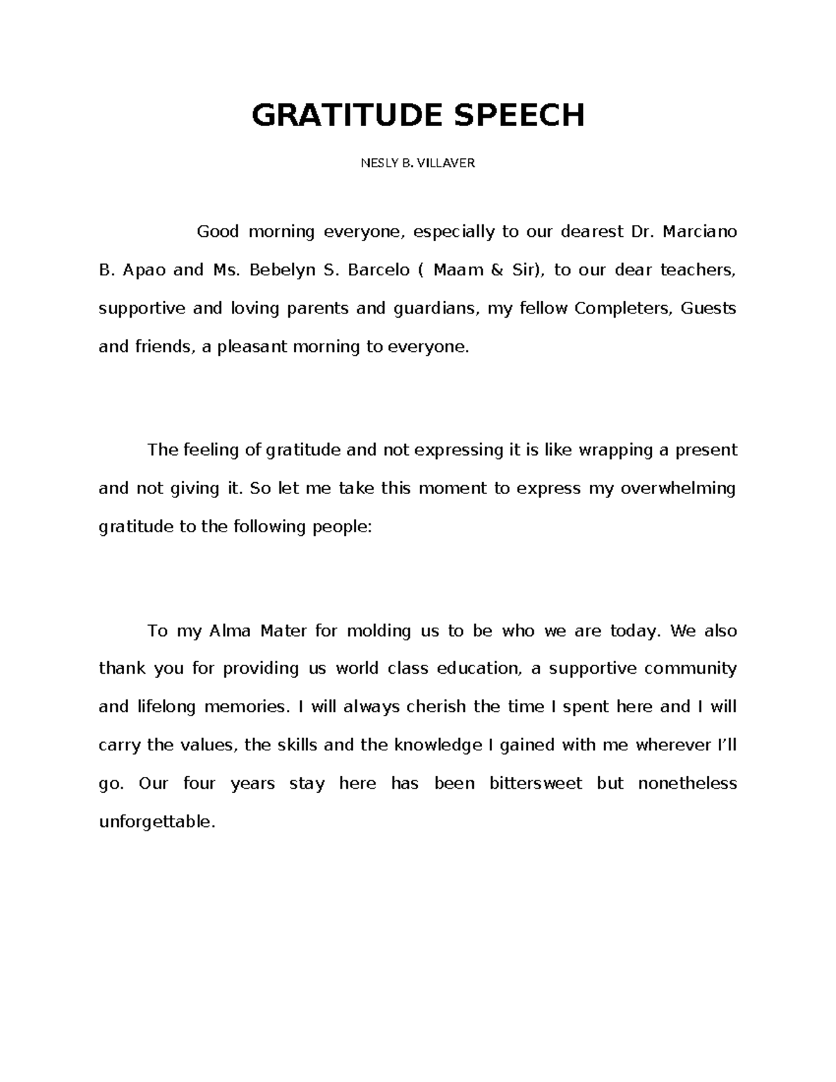 Gratitude Speech by Nesly B. Villaver: A Heartfelt Farewell - Studocu