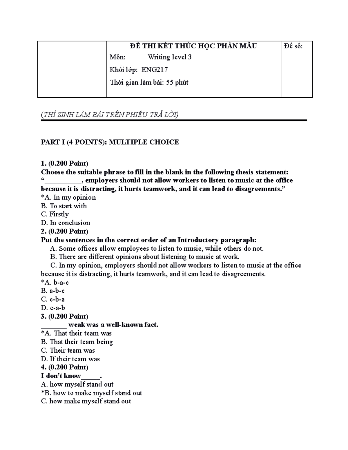 Sample Final Exam Answers - ENG217 - Writing Level 3 Key - Studocu