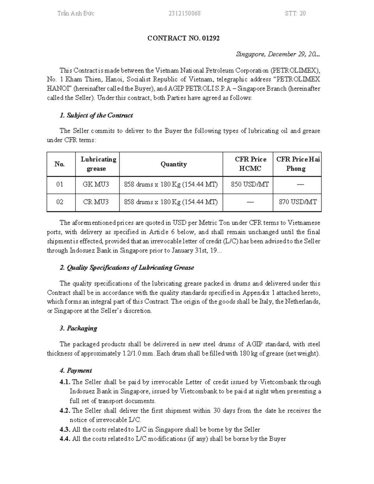 Contract No. 01292 Translation - PETROLIMEX & AGIP PETROLI Agreement ...