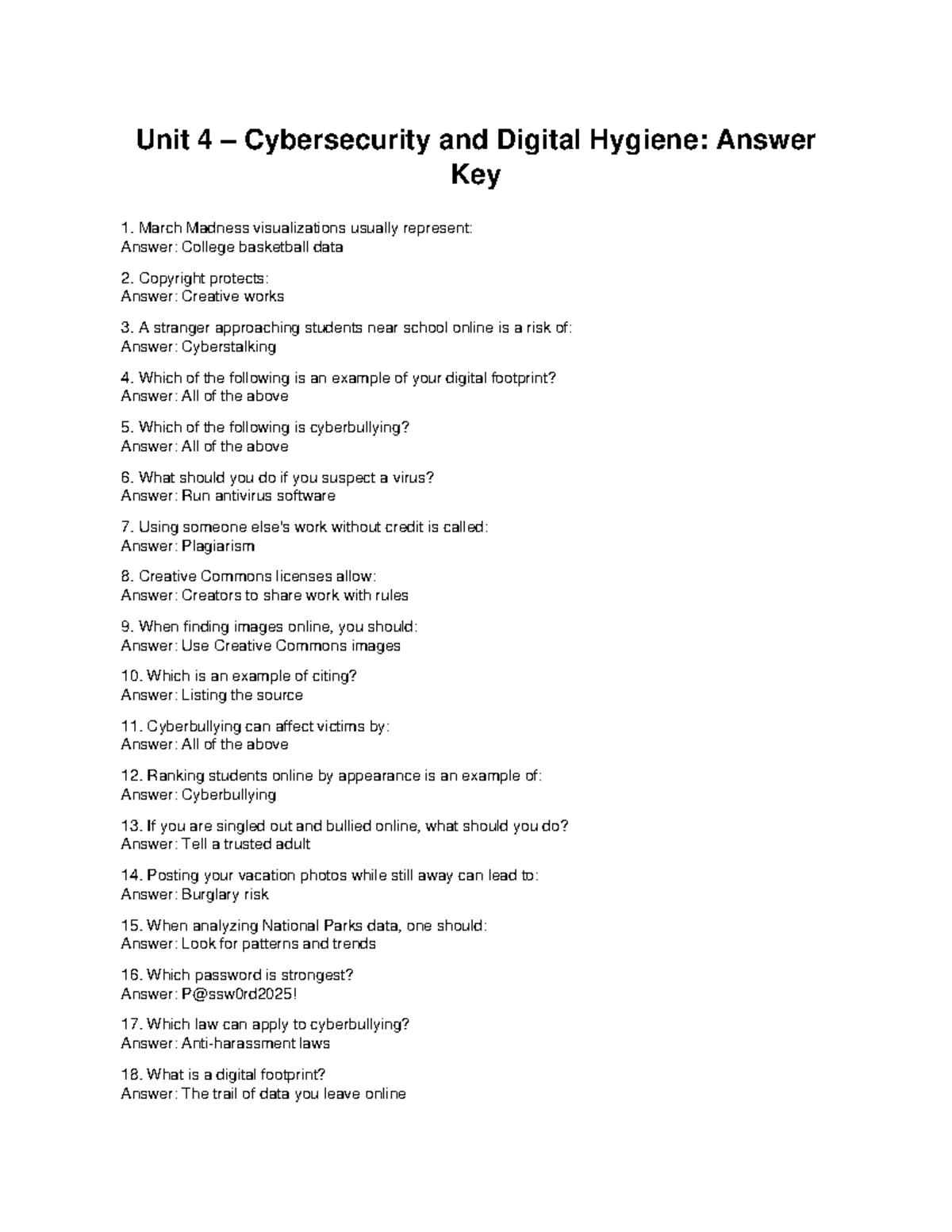 Unit 4 Cybersecurity & Digital Hygiene: Complete Answer Key - Studocu