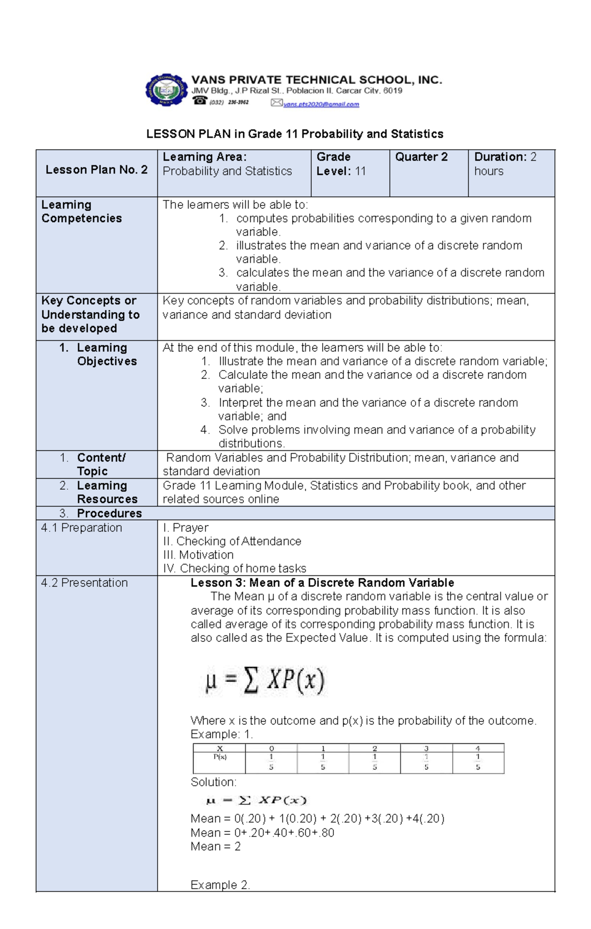 Lesson Plan 2: Grade 11 Probability & Statistics Overview - Studocu