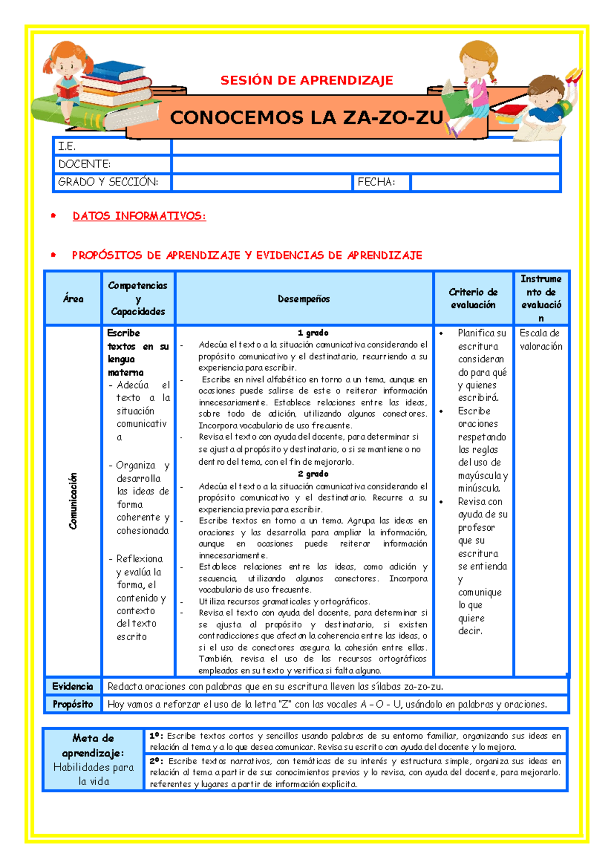 Sesión de Aprendizaje: Uso de las Sílabas ZA-ZO-ZU en 1º y 2º Grado ...