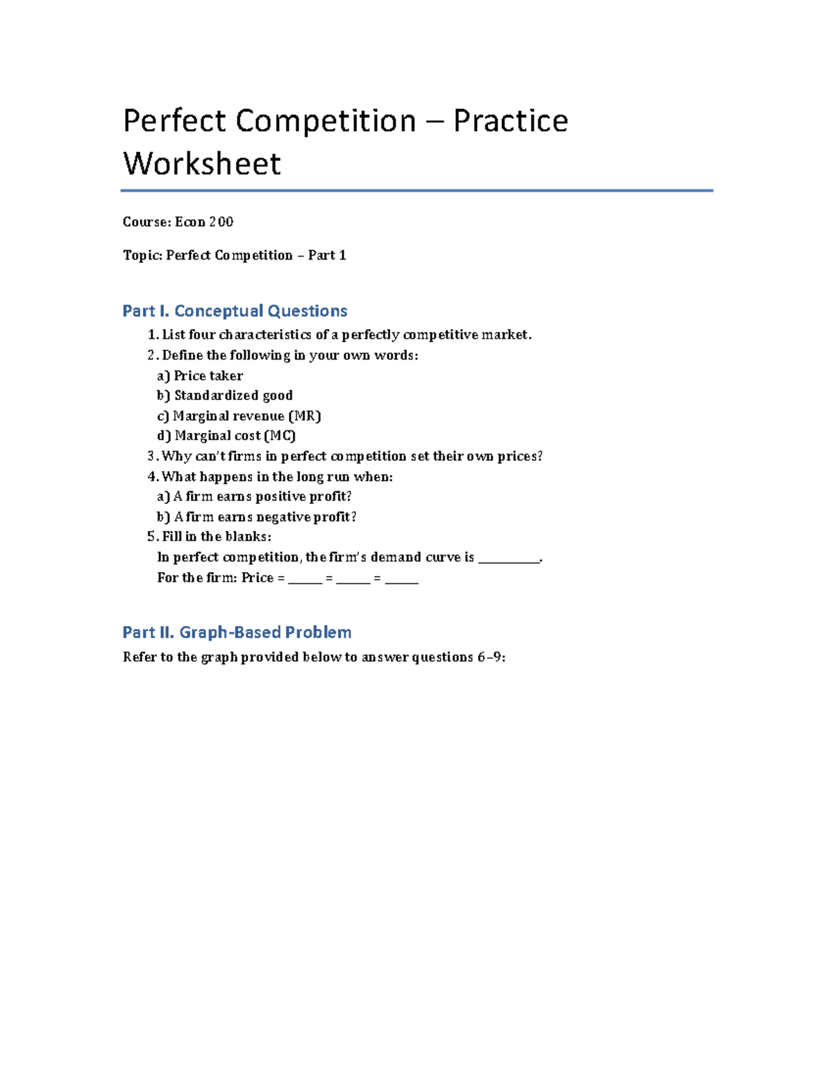 Perfect Competition Practice Worksheet for Econ 200 - Studocu