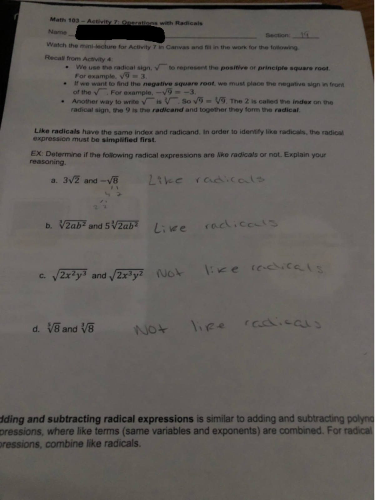 Activity 7 Operations With Radicals - Math 103 Activity 7: Operations ...